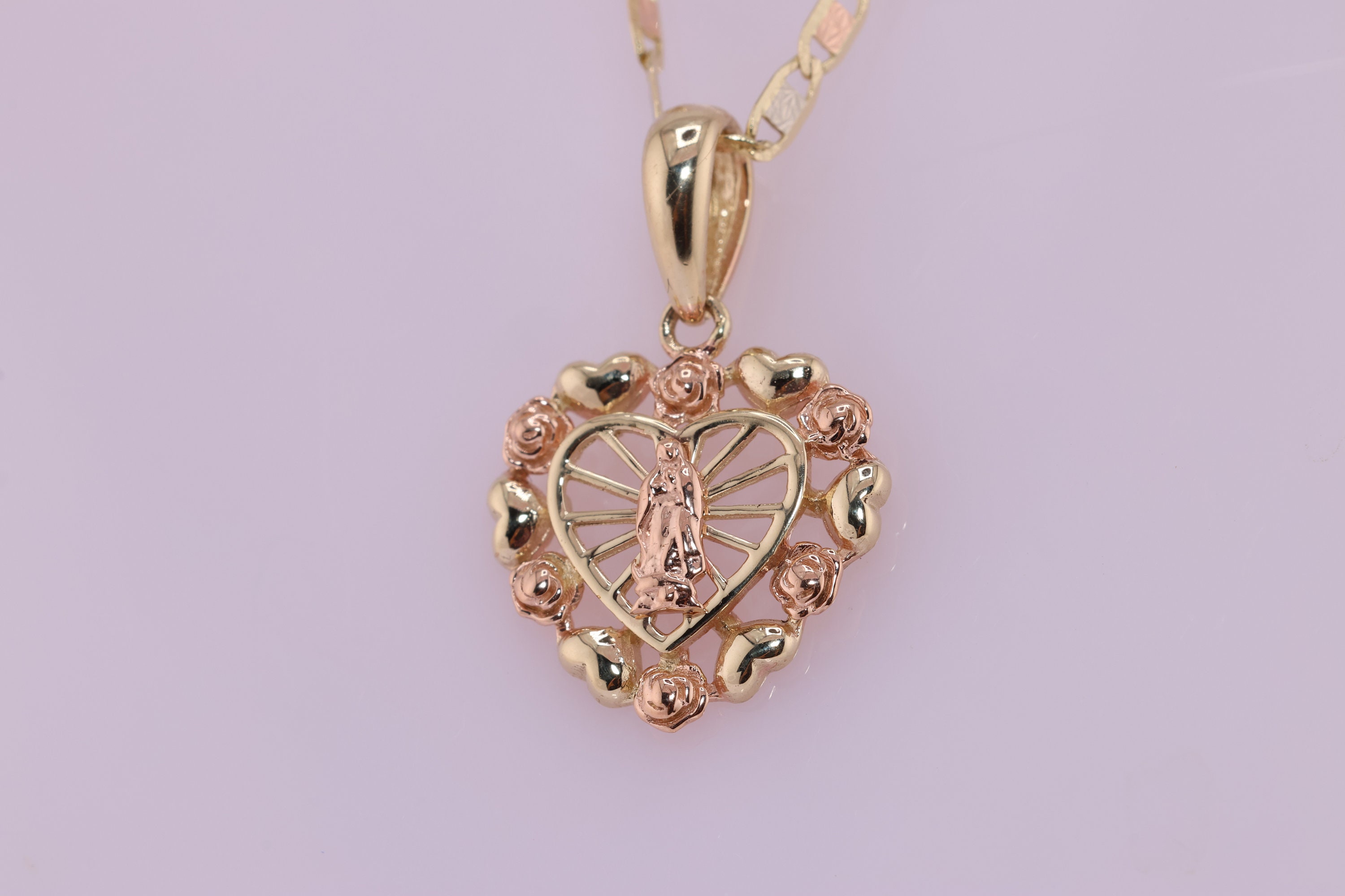 14k Solid Tiny Gold Virgin Mary Heart Pendant/ Virgin Maria Lady ...