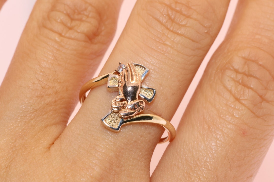 14k Solid Gold Praying Hands RING/ Gift for Her/ Religious Gift/ Confirmation Gift/ Dainty Cross ...