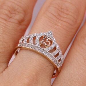 14K Gold 15 Anos Quinceanera Crown RING/ Fifteen CZ Stones for Sweet ...