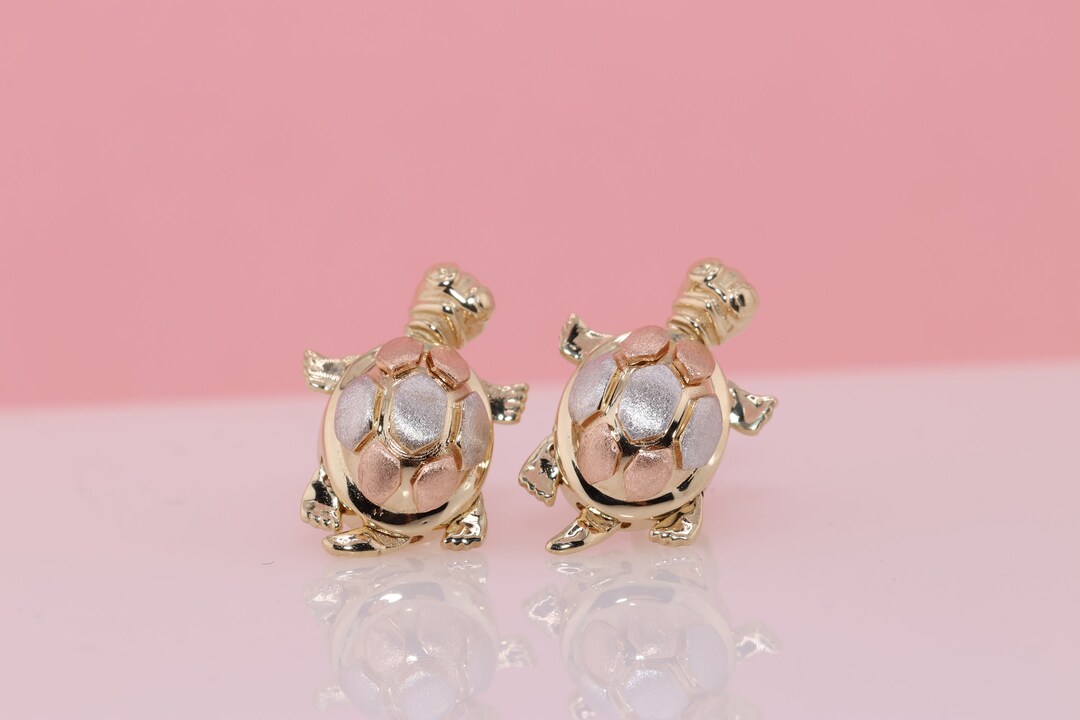 14k Solid Gold Sea Turtle Tortoise Lucky Push Back Stud Earring/ Tri ...