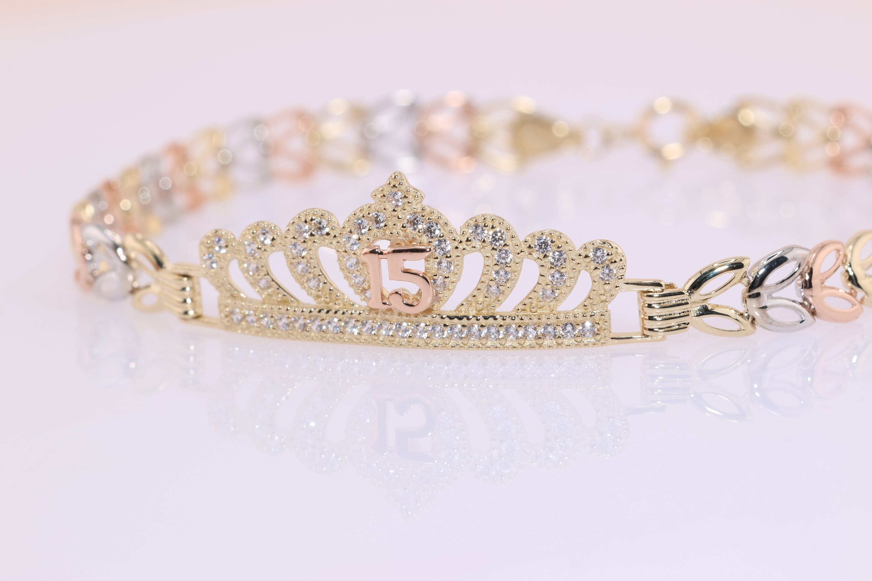 14K Gold 15 Anos Quinceanera Bracelet/ Fifteen CZ Stones for Sweet 15th Birthday Gift / Gift for ...