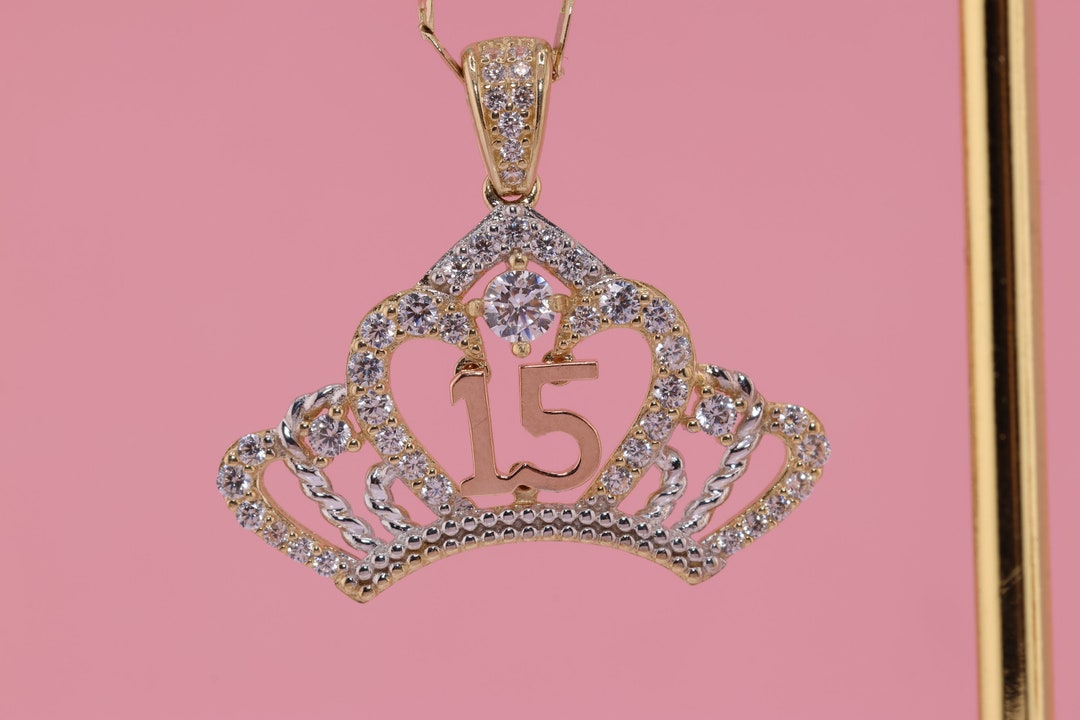 14K Gold 15 Anos Quinceanera Crown Pendant/ Fifteen CZ Stones for Sweet ...