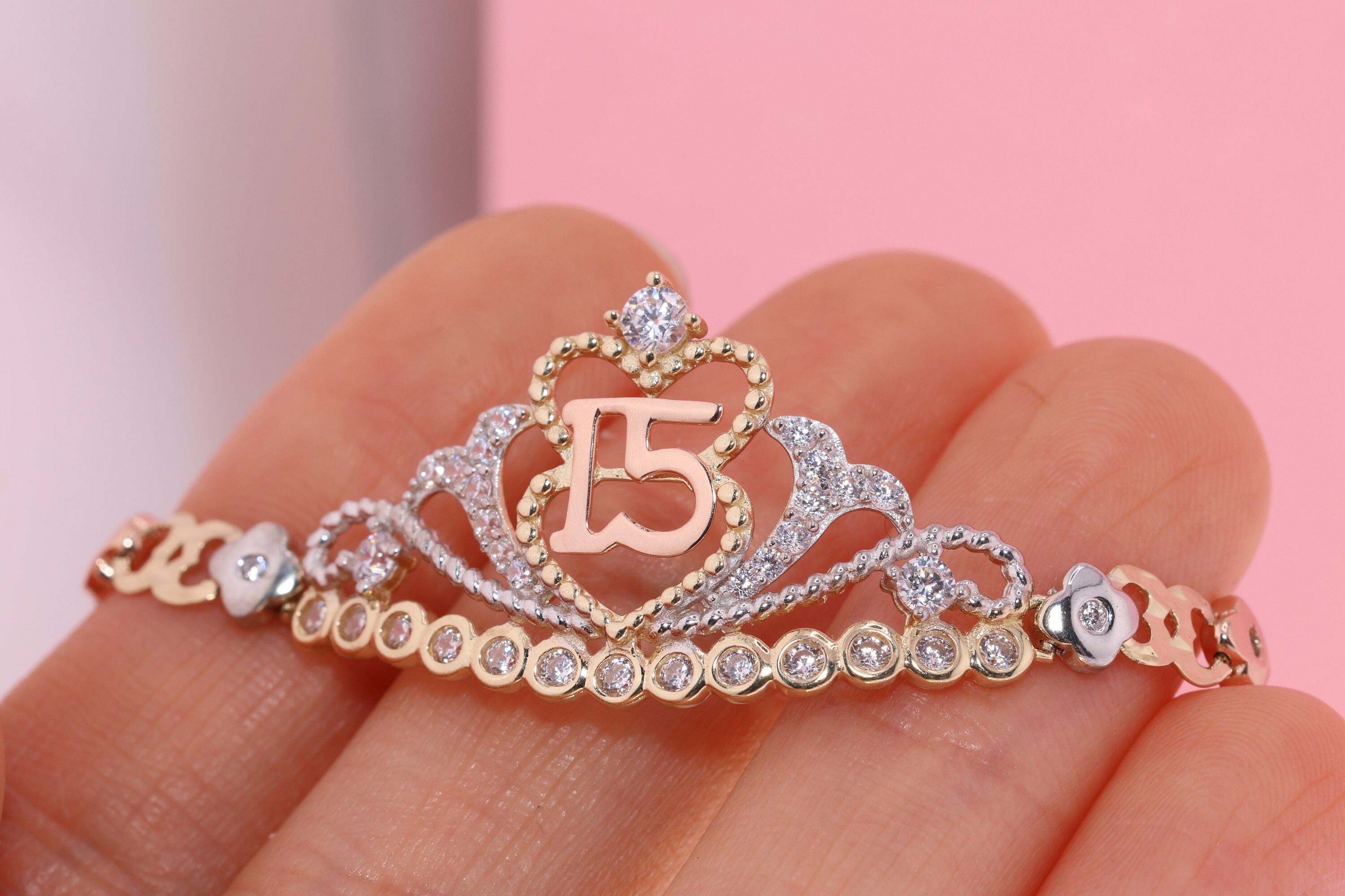 14K Gold 15 Anos Quinceanera Bracelet/ Fifteen CZ Stones for - Etsy