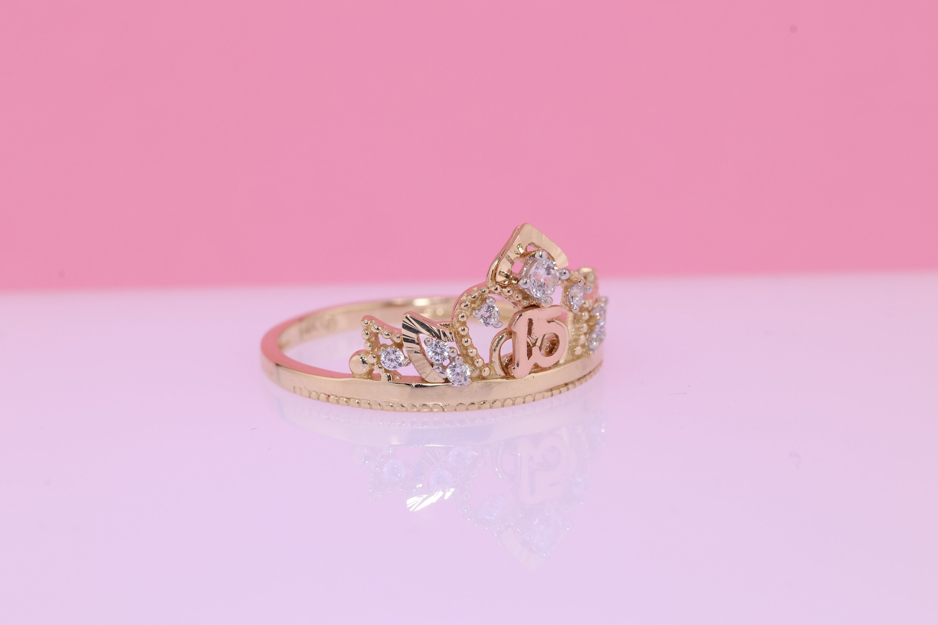 14K Gold 15 Anos Quinceanera Crown RING/ Fifteen CZ Stones for - Etsy