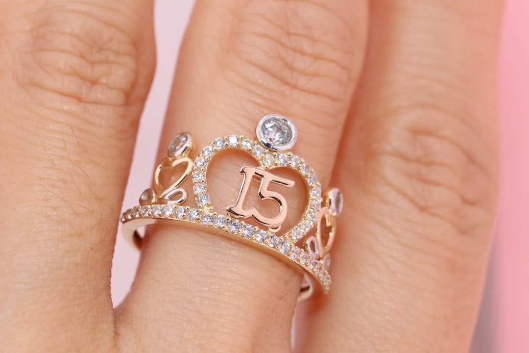 14K Gold 15 Anos Quinceanera Crown RING/ Fifteen CZ Stones for Sweet 15 ...