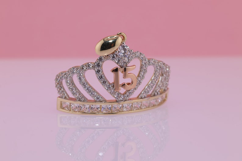 14K Gold 15 Anos Quinceanera Crown Pendant/ Fifteen CZ Stones for Sweet ...