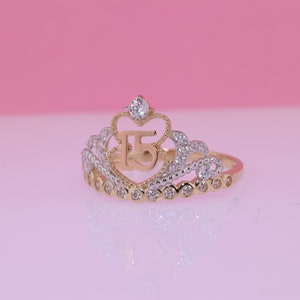 14K Gold 15 Anos Quinceanera Crown RING/ Fifteen CZ Stones for Sweet 15 ...