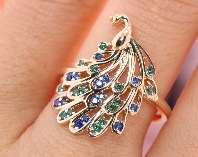 14k Solid Gold Peacock Ring/ CZ Peacock Ring / Gift / Gift for Her / Animal Ring - Etsy