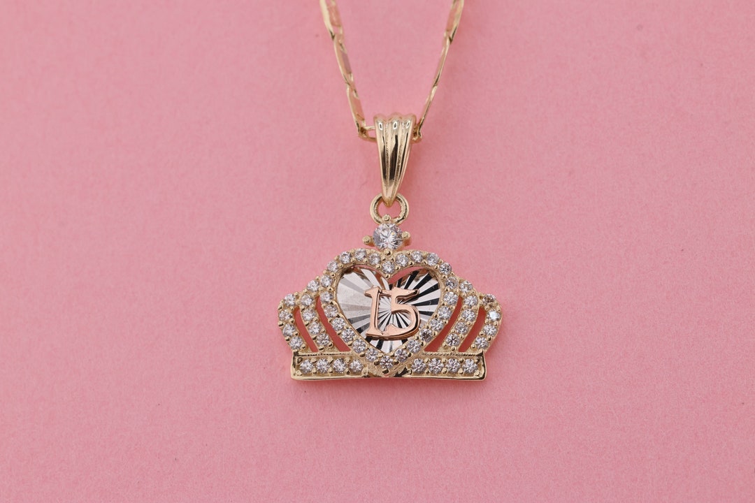 14K Gold Tiny Crown 15 Anos Quinceanera Pendant/ Fifteen CZ Stones for ...