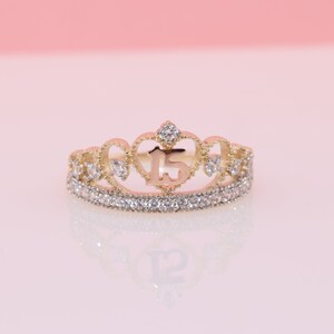 14K Gold 15 Anos Quinceanera Crown RING/ Fifteen CZ Stones for Sweet 15 ...