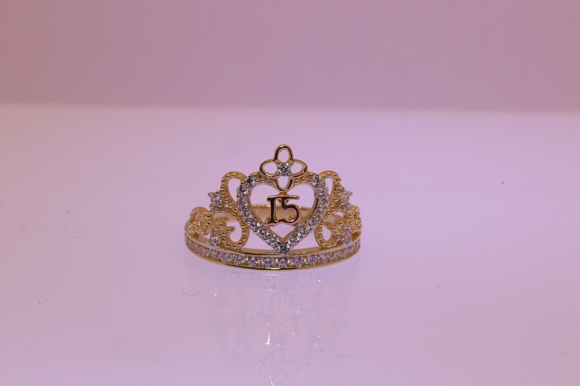 14K Gold 15 Anos CROWN Quinceanera RING/ Fifteen CZ Stones for Sweet ...