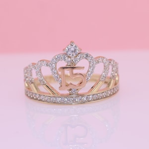 14K Gold 15 Anos Quinceanera Crown RING/ Fifteen CZ Stones for Sweet 15 ...