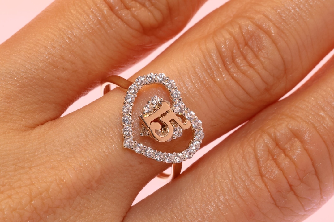 14K Gold 15 Anos Quinceanera Heart RING/ Fifteen CZ Stones for Sweet ...