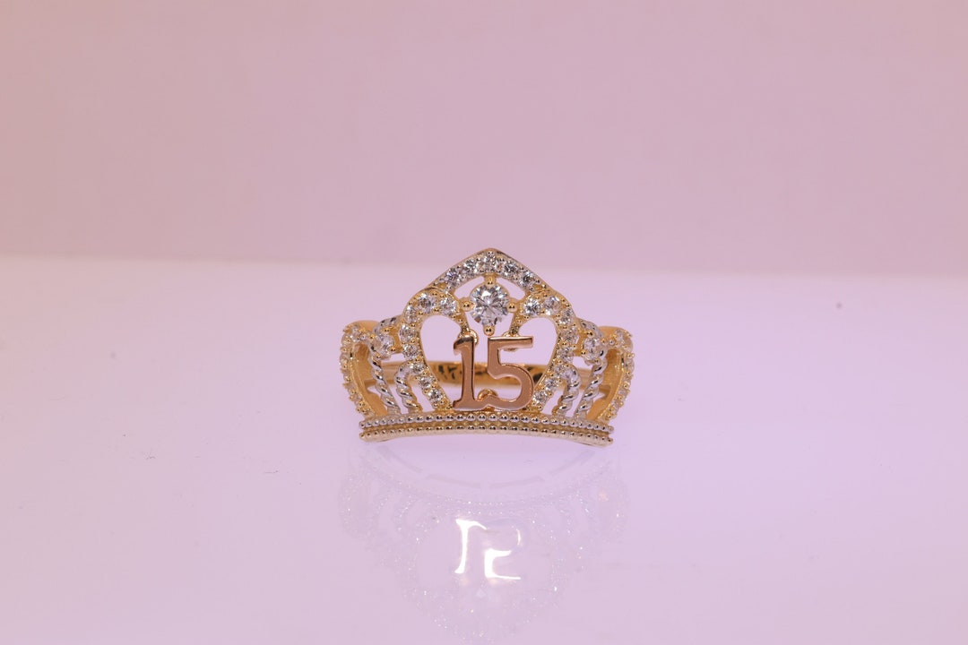 14K Gold 15 Anos CROWN Quinceanera RING/ Fifteen CZ Stones for Sweet ...