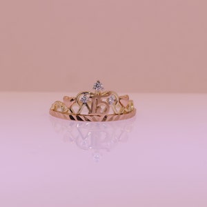 14K Gold 15 Anos Quinceanera Crown RING/ Fifteen CZ Stones for Sweet ...