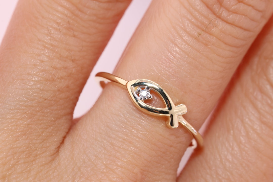 14k Solid Gold CZ Ring, Christian Fish Ring, Ishthys Ring, Confirmation ...