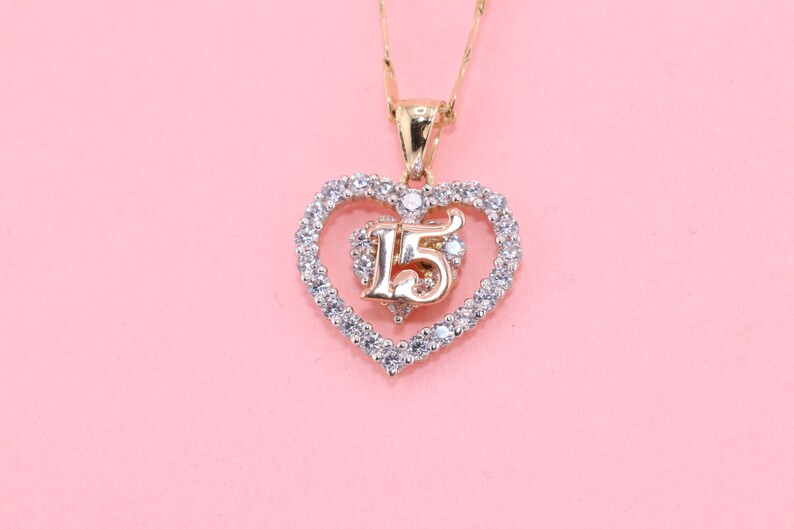 14K Gold 15 Anos Quinceanera Crown Pendant/ Fifteen CZ Stones for Sweet ...