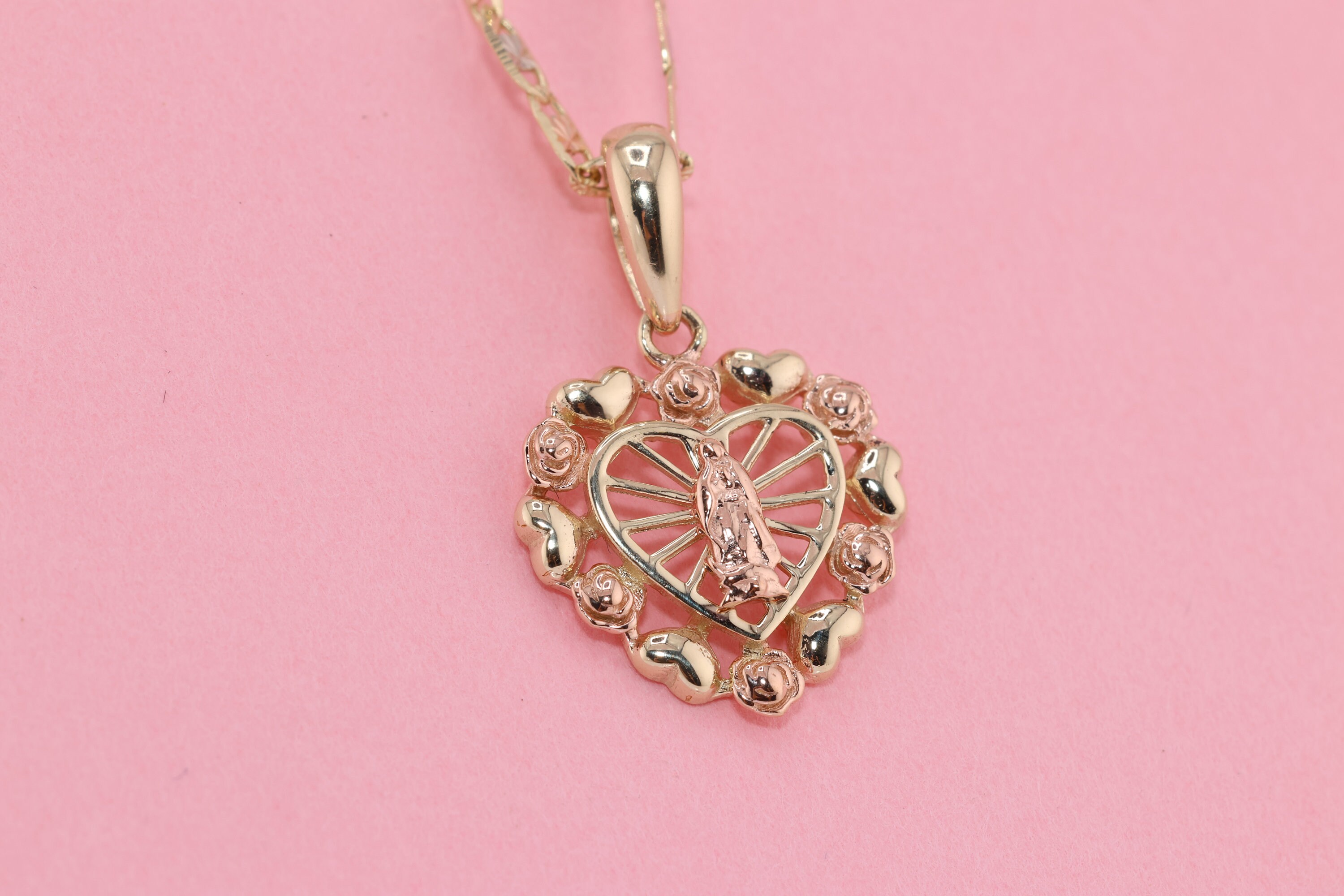 14k Solid Tiny Gold Virgin Mary Heart Pendant/ Virgin Maria Lady ...