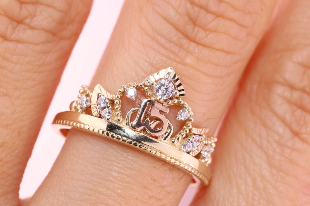 14K Gold 15 Anos Quinceanera Crown RING/ Fifteen CZ Stones for Sweet 15 ...