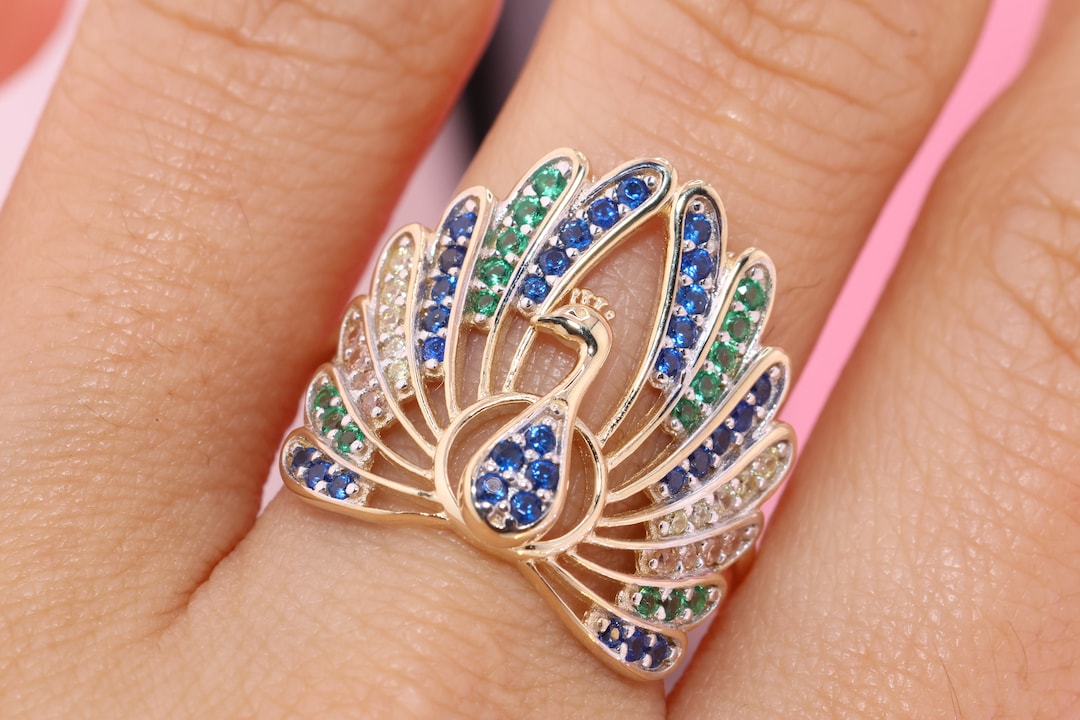 14k Solid Gold Peacock Ring/ CZ Peacock Ring / Gift / Gift for Her / Animal Ring - Etsy