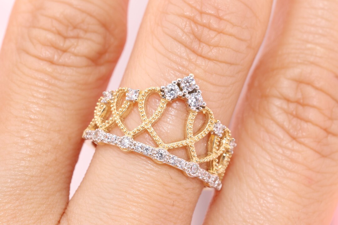 14k Gold Princess Tiara Princess Ring/ 14k CZ Dainty Queen Ring /crown ...