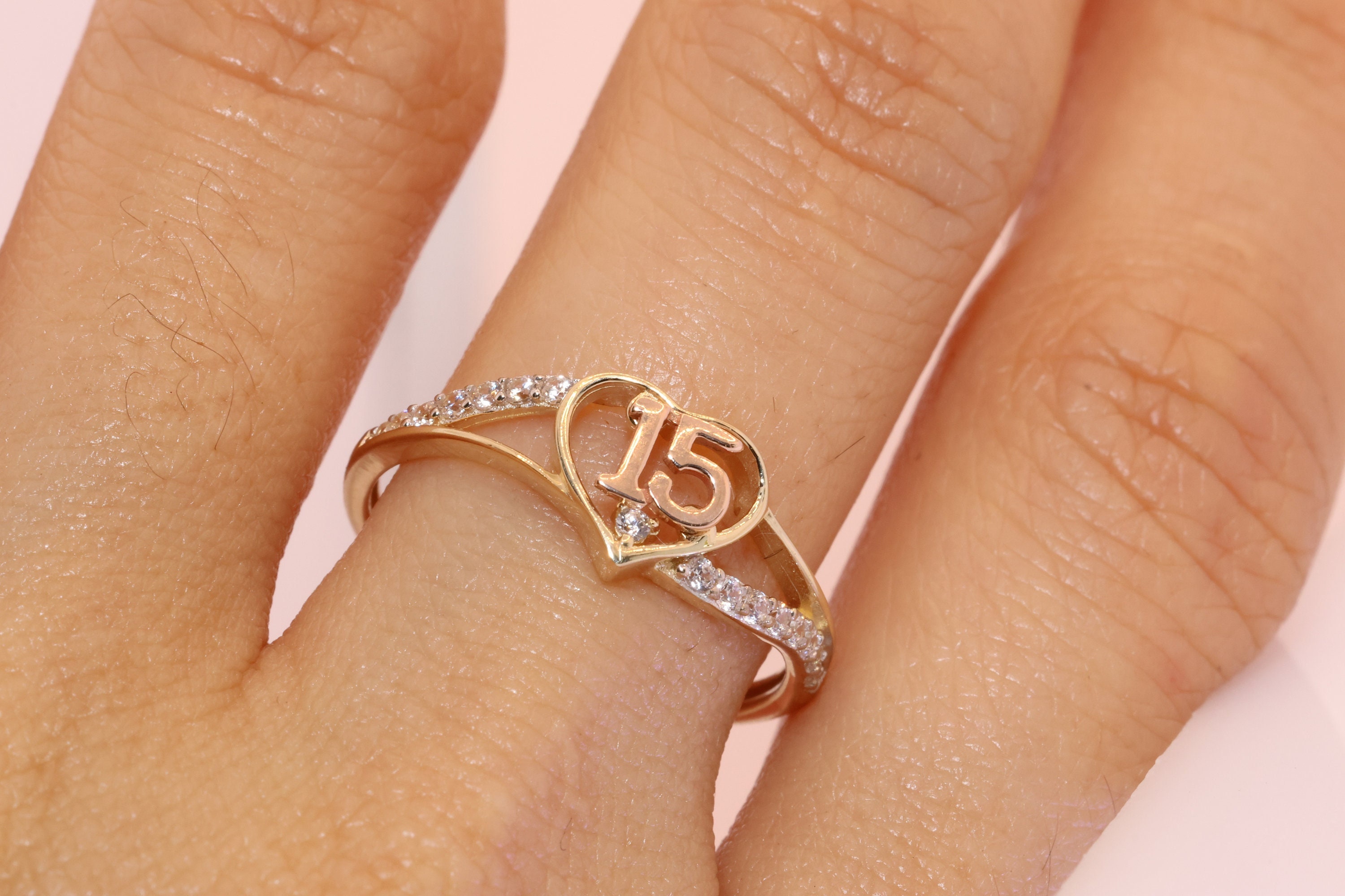 14K Gold 15 Anos Quinceanera HEART RING/ Fifteen CZ Stones for - Etsy