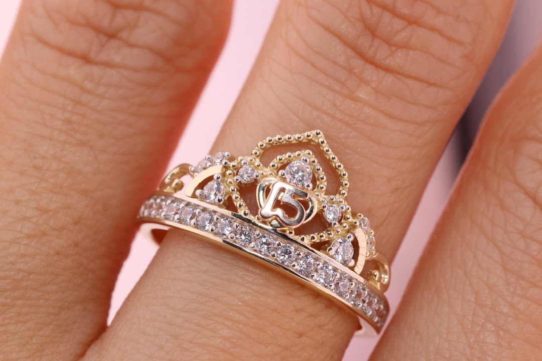 14K Gold 15 Anos Quinceanera Crown RING/ Fifteen CZ Stones for Sweet 15 ...