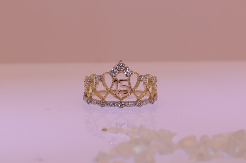 14K Gold 15 Anos Quinceanera Crown RING/ Fifteen CZ Stones for Sweet ...