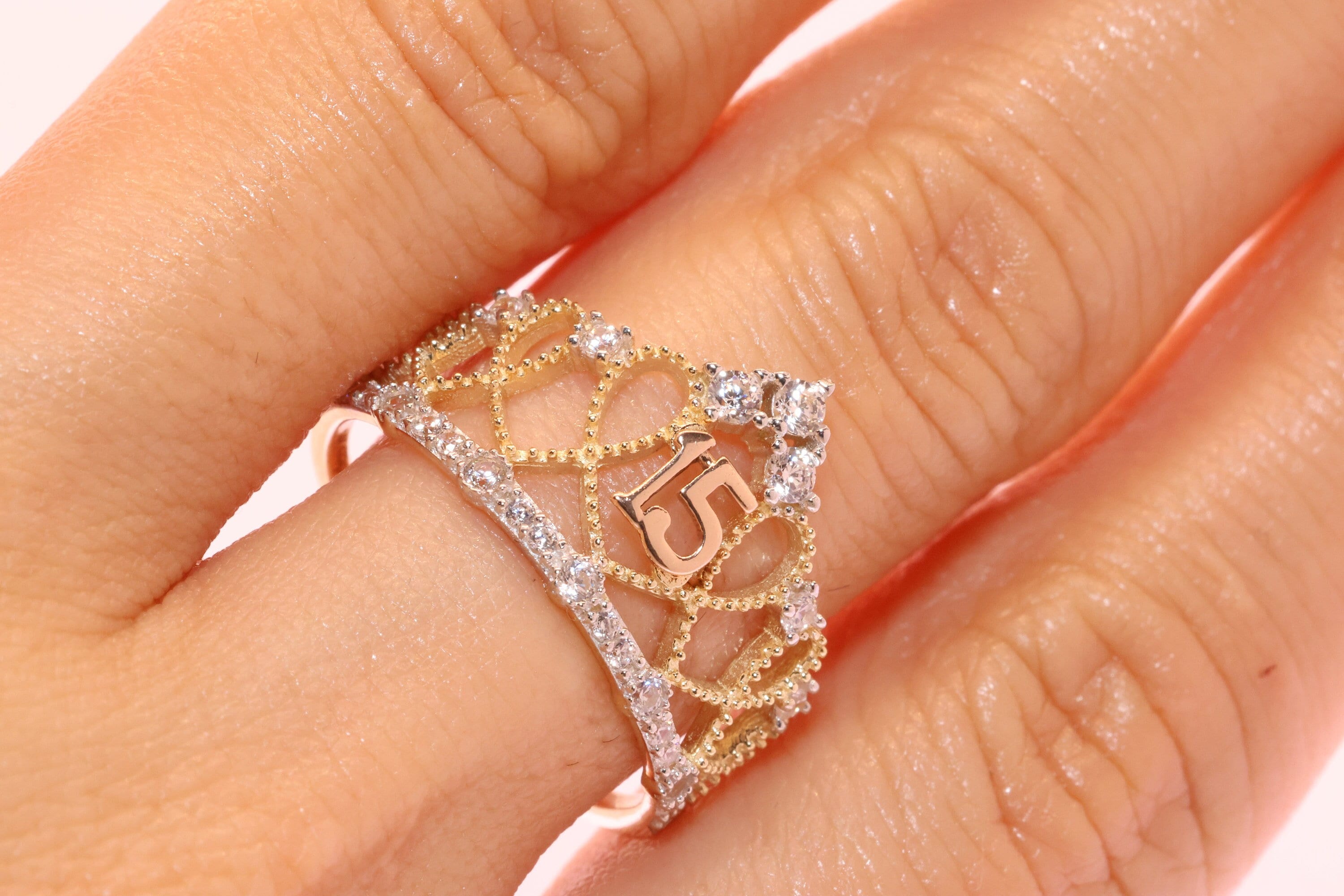14K Gold 15 Anos Quinceanera Crown RING/ Fifteen CZ Stones for - Etsy