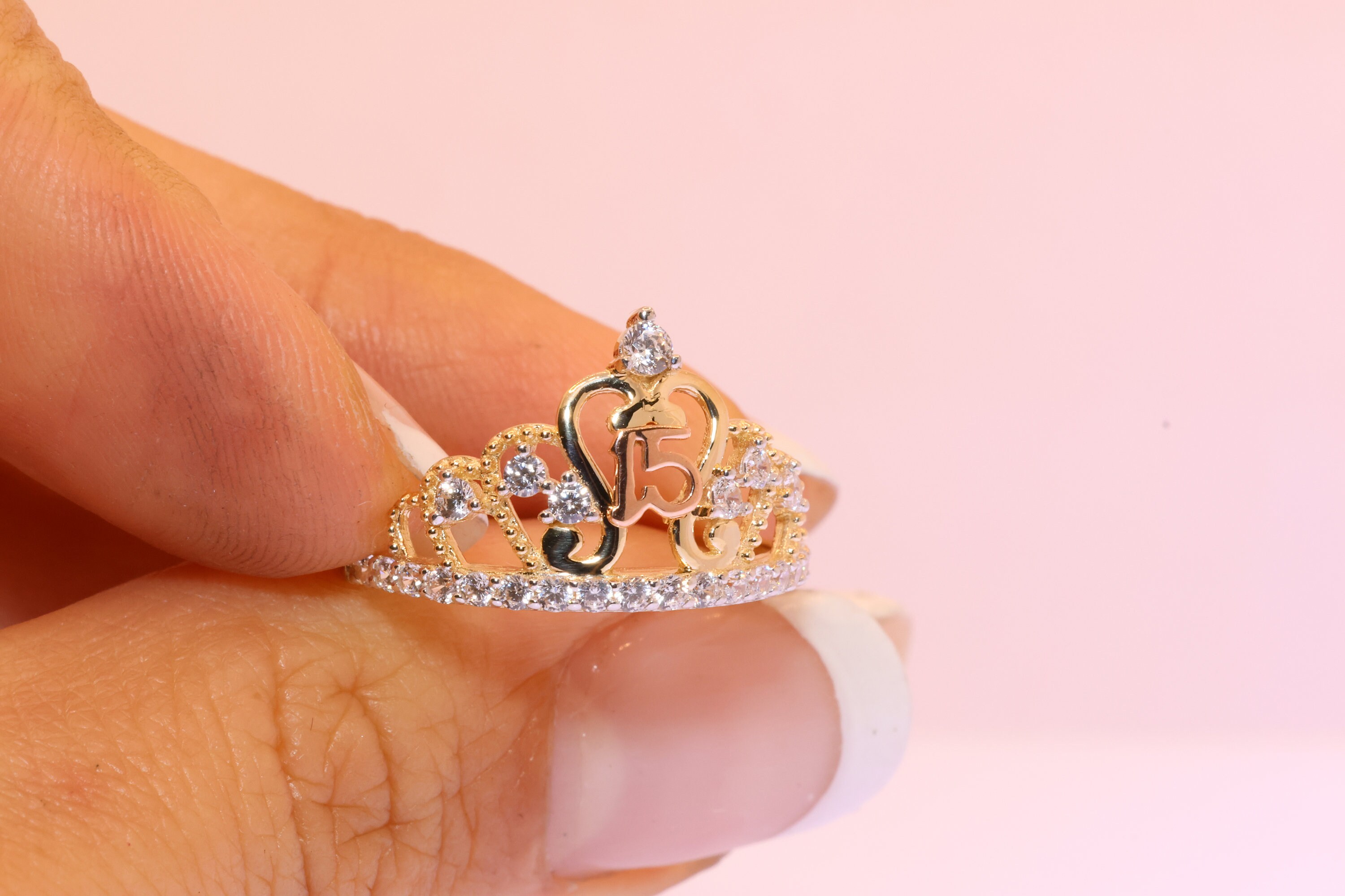 14K Gold 15 Anos CROWN Quinceanera RING/ Fifteen CZ Stones for - Etsy
