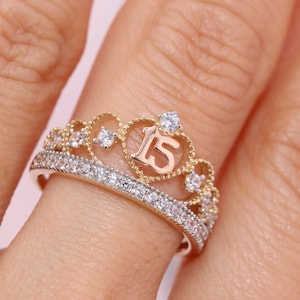 14K Gold 15 Anos Quinceanera Crown RING/ Fifteen CZ Stones for Sweet 15 ...