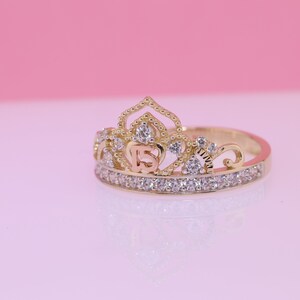 14K Gold 15 Anos Quinceanera Crown RING/ Fifteen CZ Stones for Sweet 15 ...