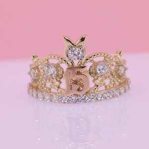 14K Gold 15 Anos Quinceanera Crown RING/ Fifteen CZ Stones for Sweet 15 ...