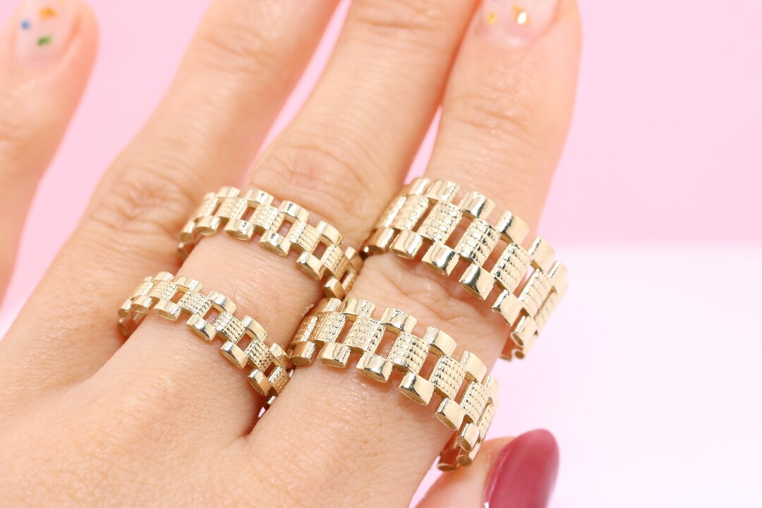 10K Rolex Style Chain Link Ring, 10K Yellow Gold Band, Unisex Ring /10k ...