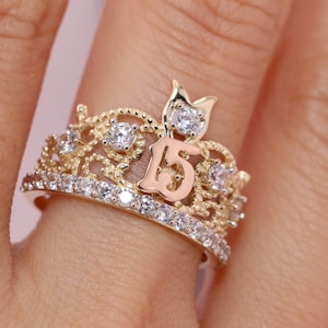14K Gold 15 Anos Quinceanera Crown RING/ Fifteen CZ Stones for Sweet 15 ...