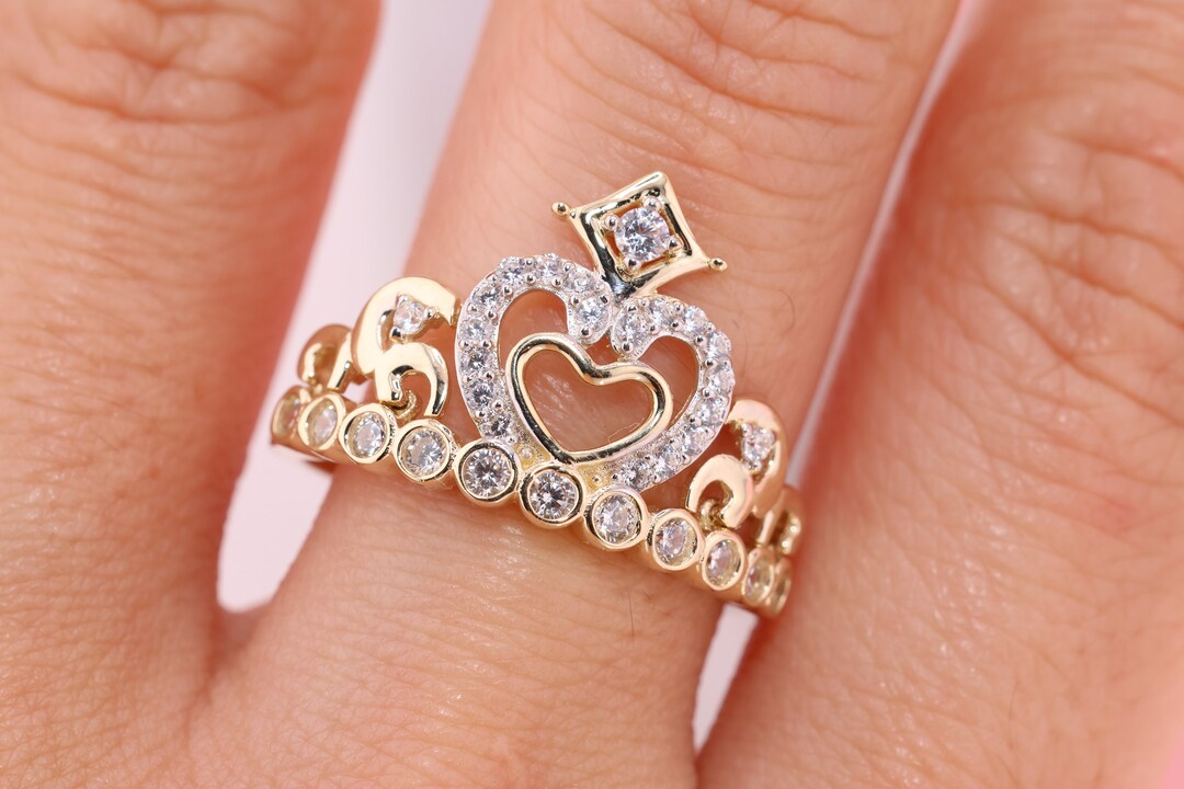 14K Gold 15 Anos Quinceanera Crown RING/ Fifteen CZ Stones for Sweet 15 ...