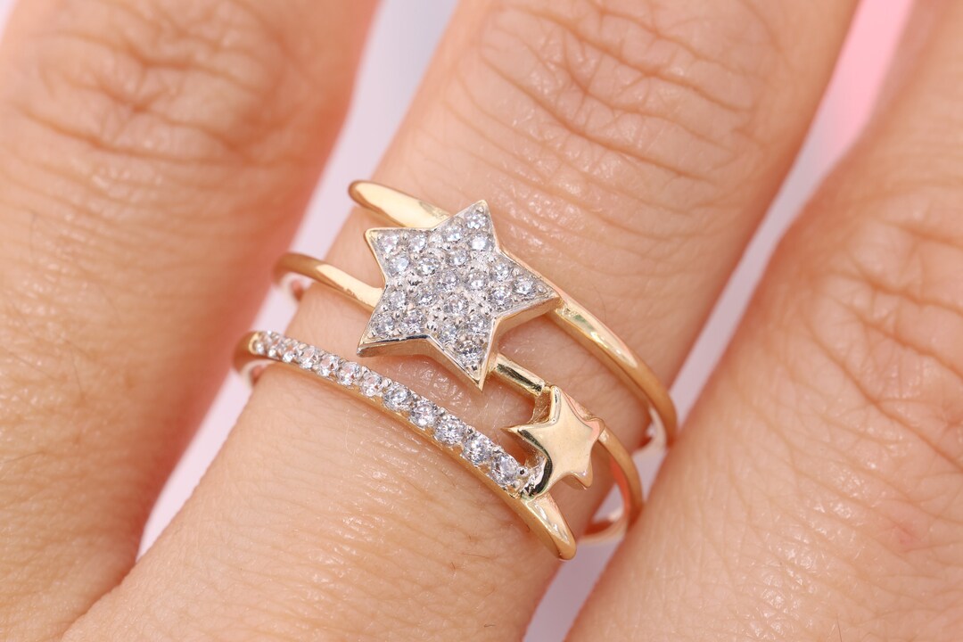 14K Solid Gold CZ Star Stacking Ring / Friendship Ring / Stacking Ring ...