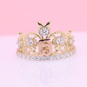 14K Gold 15 Anos Quinceanera Crown RING/ Fifteen CZ Stones for Sweet 15 ...