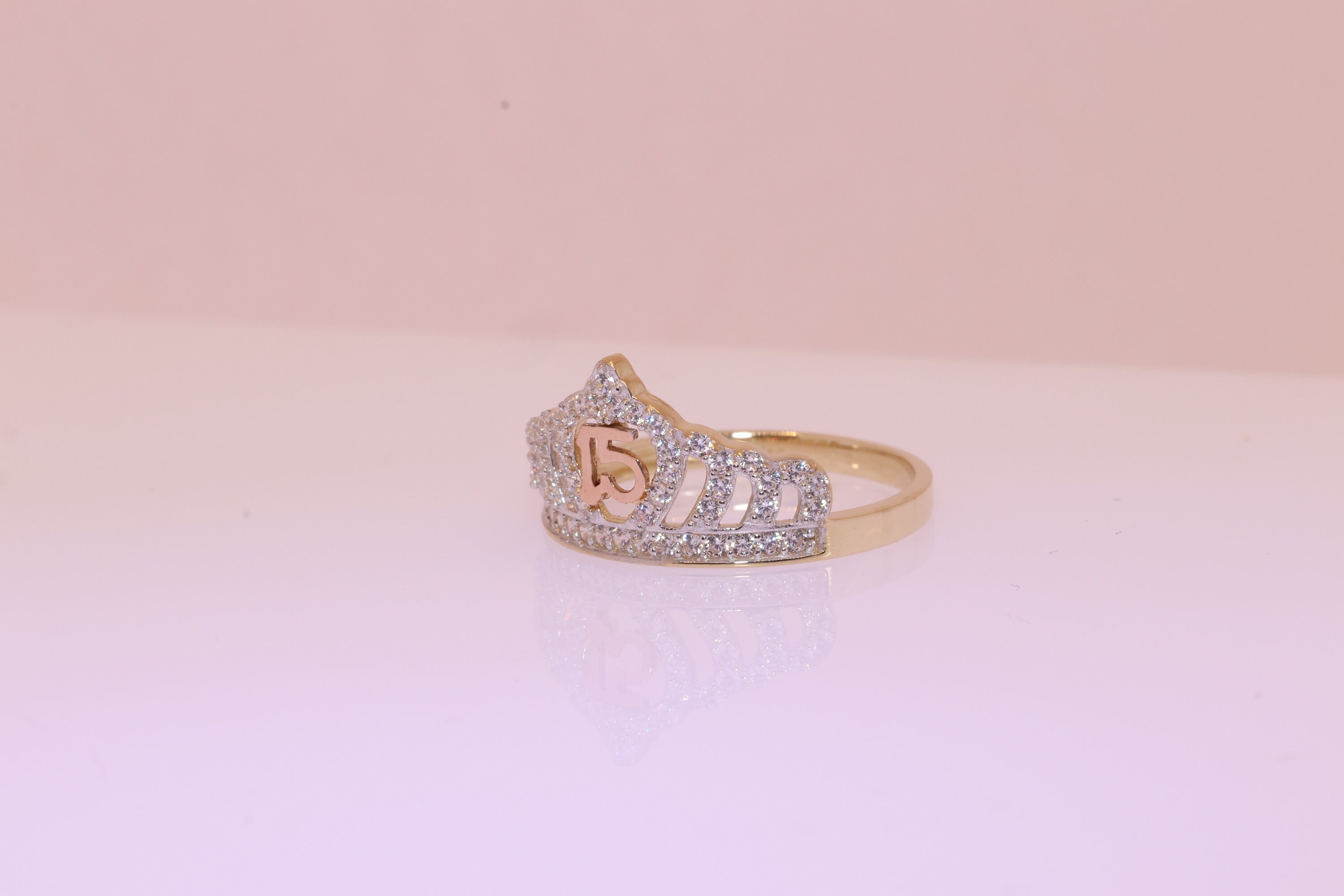 14K Gold 15 Anos Quinceanera Crown RING/ Fifteen CZ Stones for - Etsy