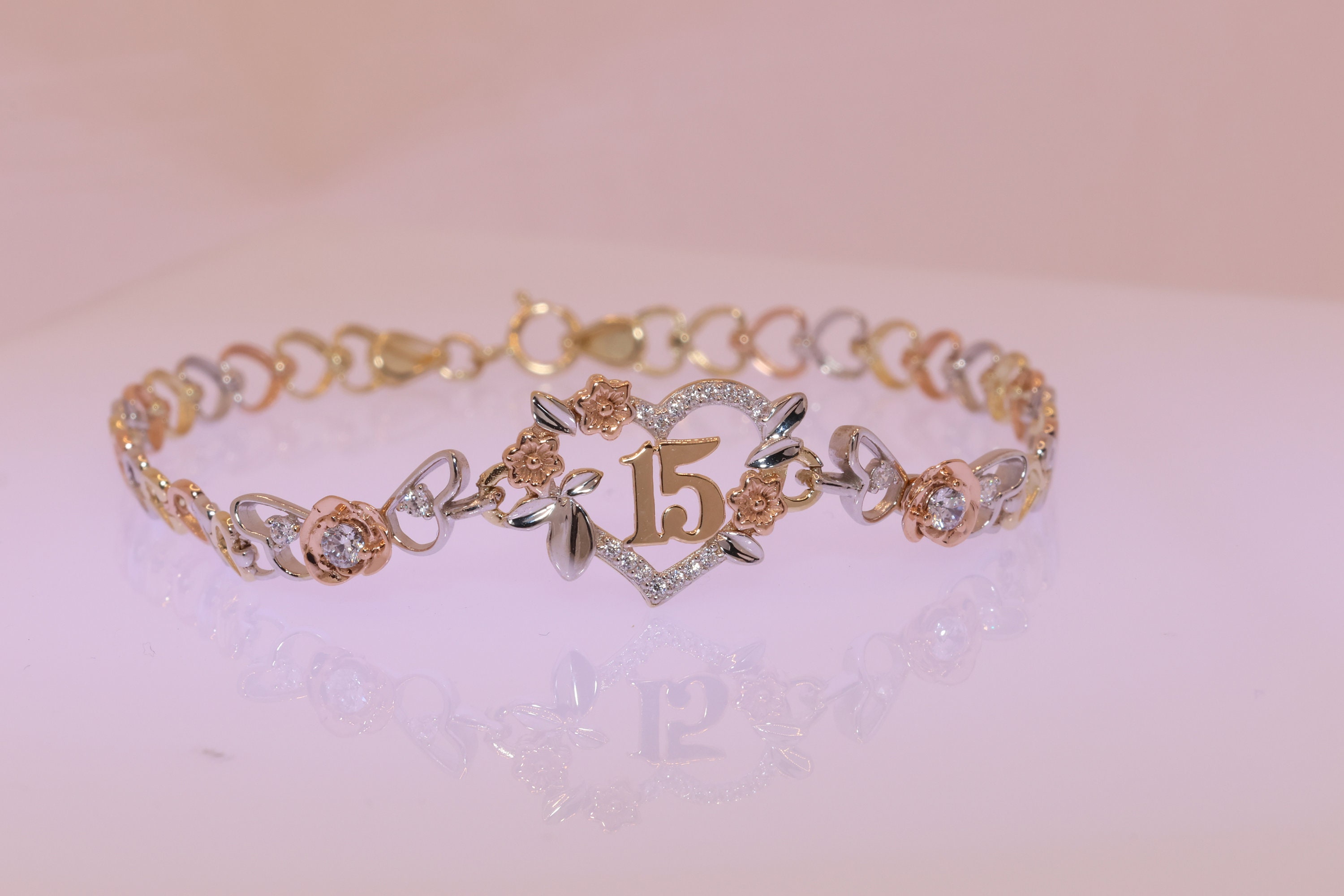 14K Gold 15 Anos Quinceanera Bracelet/ Fifteen CZ Stones for - Etsy