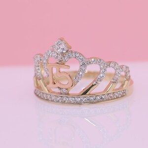 14K Gold 15 Anos Quinceanera Crown RING/ Fifteen CZ Stones for Sweet 15 ...
