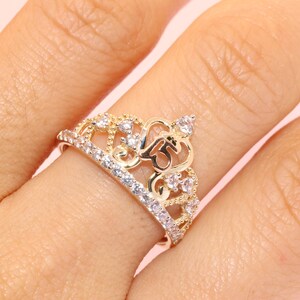 14K Gold 15 Anos CROWN Quinceanera RING/ Fifteen CZ Stones for Sweet ...
