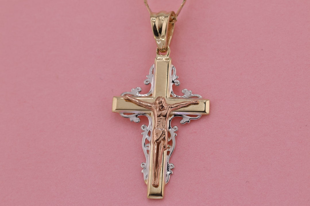 14k Solid Gold Cross Jesus Crucifix Crucifijo Charm Pendant Necklace - Etsy