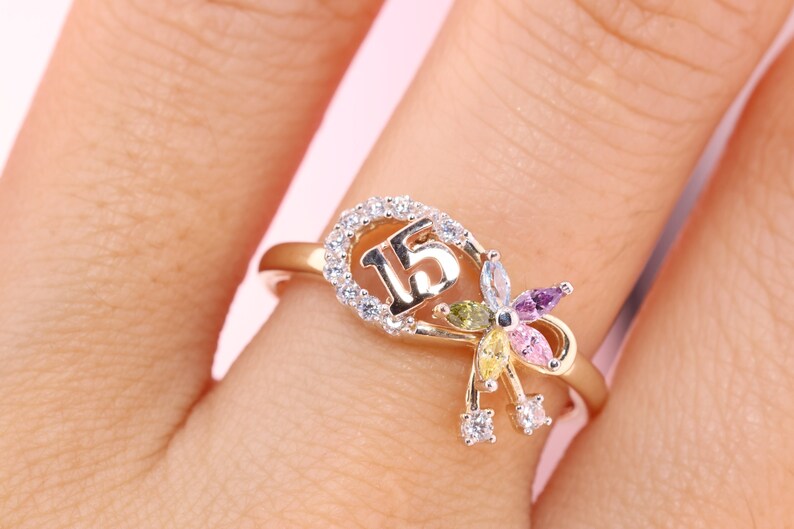 14K Gold 15 Anos Quinceanera Crown RING/ Fifteen CZ Stones for - Etsy