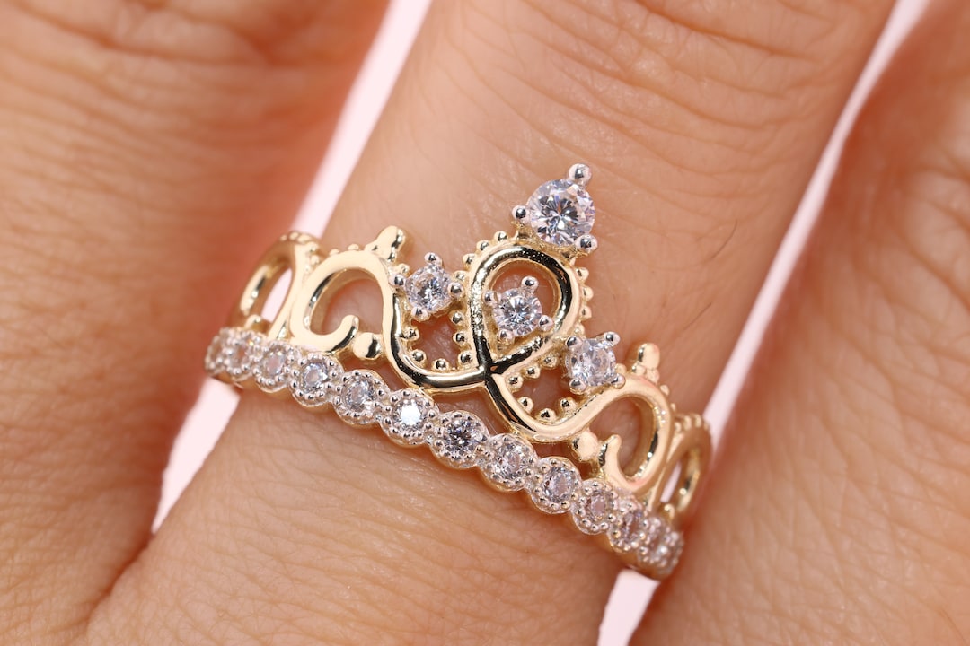 14K Gold 15 Anos Quinceanera Crown RING/ Fifteen CZ Stones for Sweet 15 ...