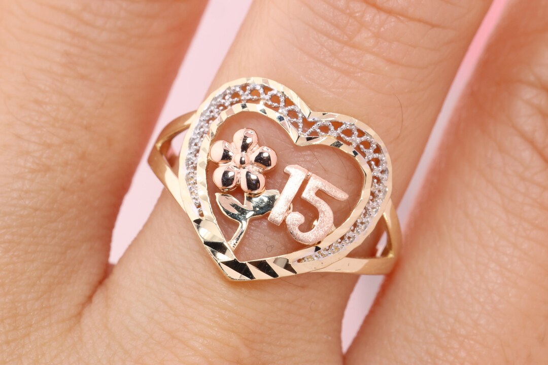 14K Gold 15 Anos Heart Quinceanera RING/ Fifteen CZ Stones for Sweet ...
