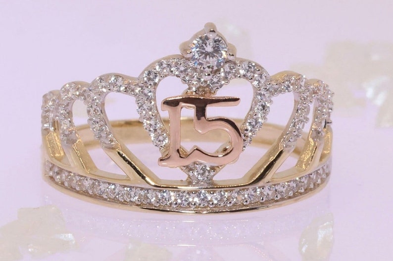 14K Gold 15 Anos Quinceanera Crown RING/ Fifteen CZ Stones for Sweet 15 ...