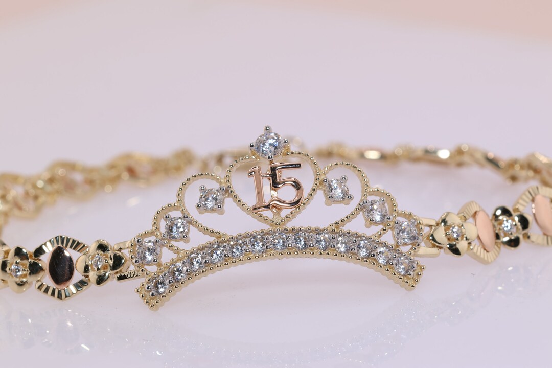 14K Gold 15 Anos Quinceanera Bracelet/ Fifteen CZ Stones for Sweet 15th Birthday Gift / Gift for ...
