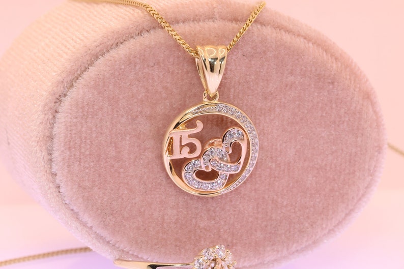 14K Gold 15 Anos MOON and HEART Quinceanera Pendant/ Fifteen CZ Stones ...