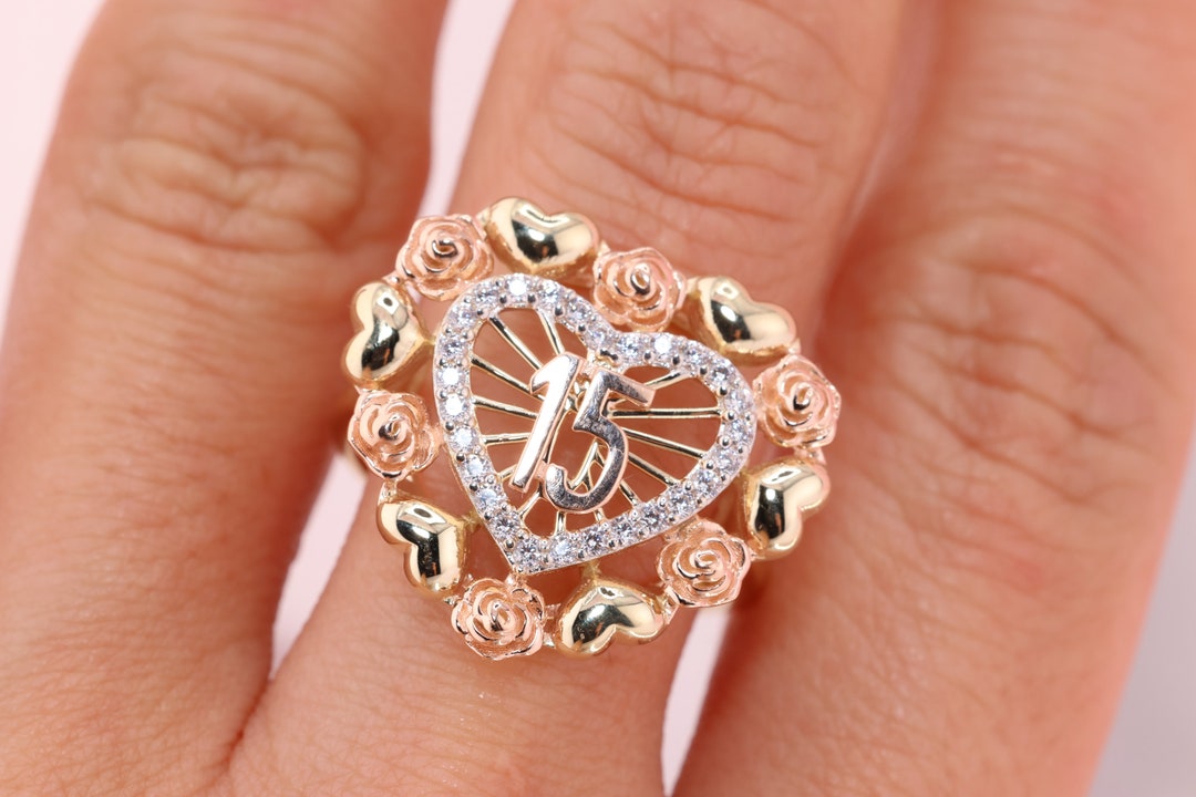14K Gold 15 Anos Quinceanera Crown RING/ Fifteen CZ Stones for Sweet 15 ...